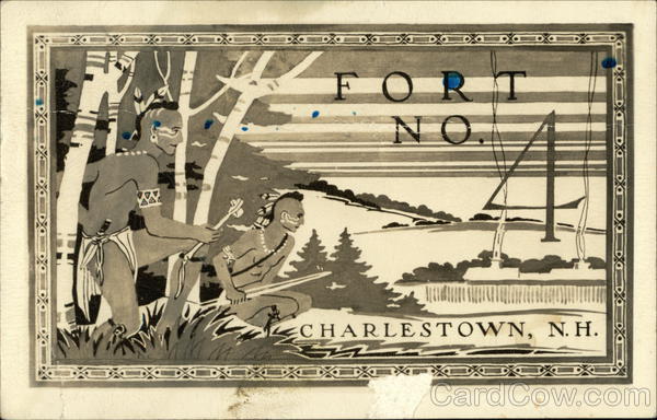 Art of Native Americans Watching Fort No. 4 in Charlestown, NH Postcard
