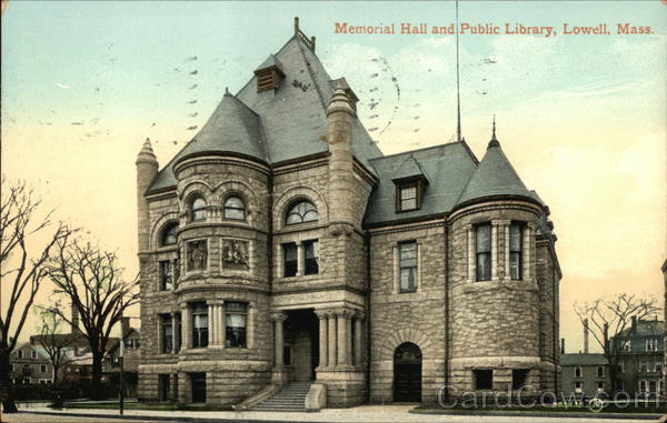 Memorial Hall and Public Library Lowell, MA Postcard