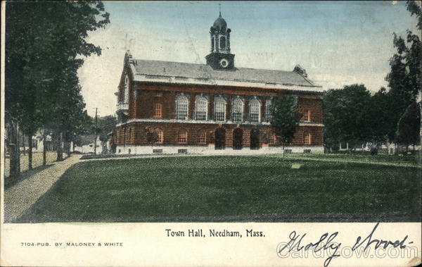 Town Hall and Grounds Needham, MA Postcard