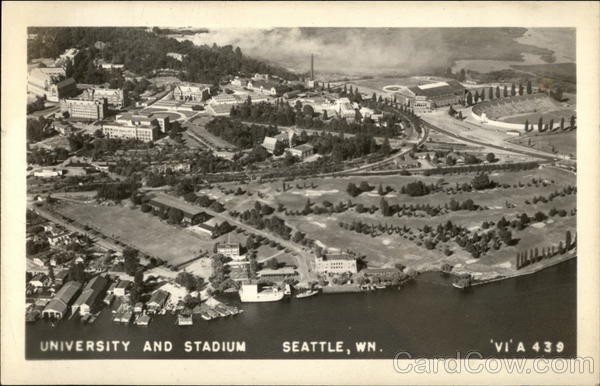 Aerial View of University and Stadium Seattle, WA Postcard