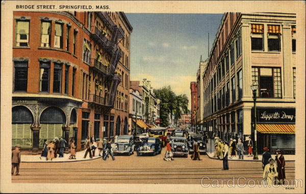 Looking Along Bridge Street Springfield, MA Postcard