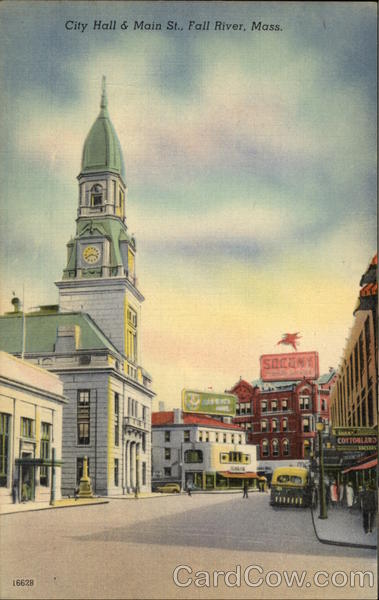 City Hall and Main Street Fall River, MA Postcard