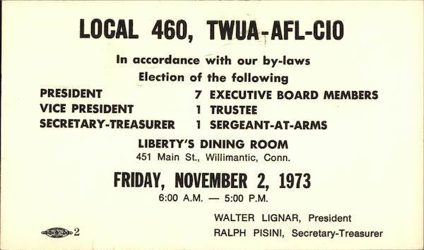 Local 460, TWUA-AFL-CIO Fraternal Postcard