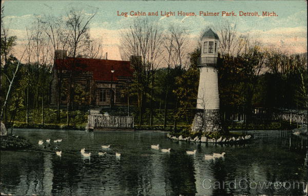 Log Cabin and Light House in Palmer Park Detroit, MI Postcard