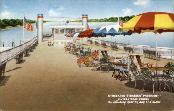 Streckfus Steamer "President" - Riviera Roof Garden Steamers Postcard