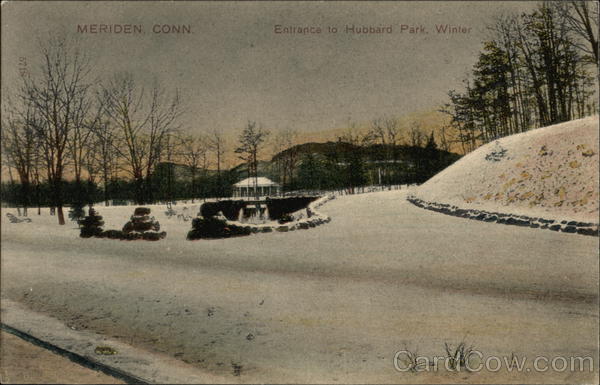 Entrance to Hubbard Park in Winter Meriden, CT Postcard