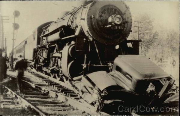 Car Crushed by Train on Railroad Tracks Trains, Railroad Postcard