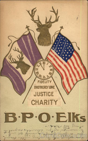 B P O Elks Flag and American Flag Elks Club Postcard