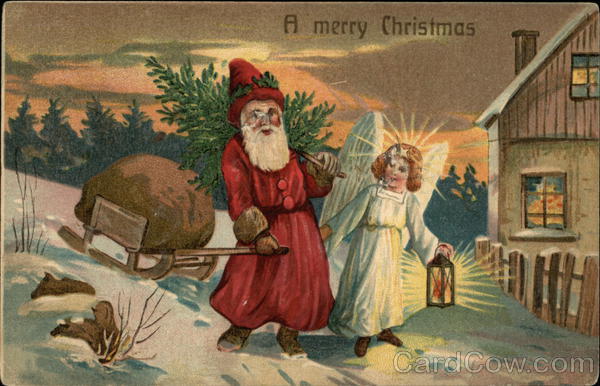 Santa with Sleigh and Angel with Lamp Angels Postcard