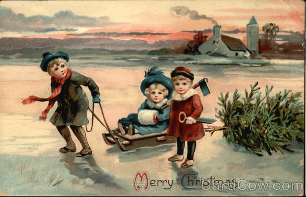 Merry Christmas - Children with Sled Postcard