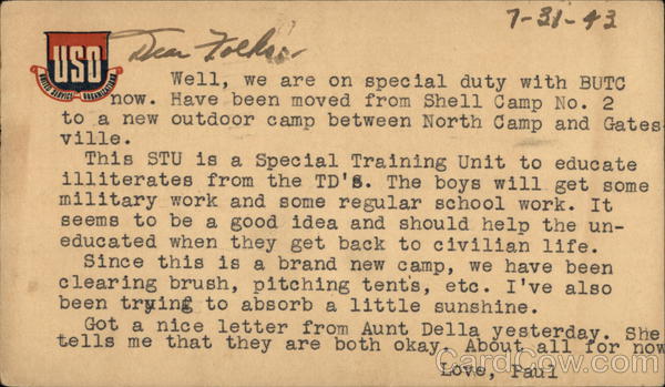 USO Letter From PFC Paul to Parents World War II Postcard