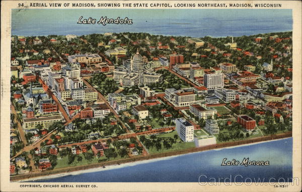 Aerial View of City showing State Capitol, Looking Northeast Madison ...