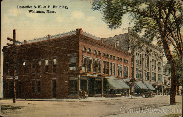 Postoffice & K. of P. Building Whitman, MA Postcard