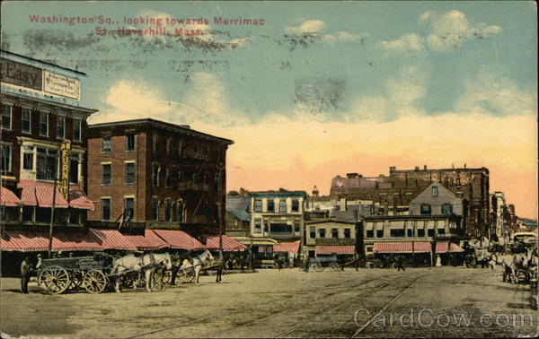 Washington Square looking towards Merrimac Street Haverhill, MA Postcard
