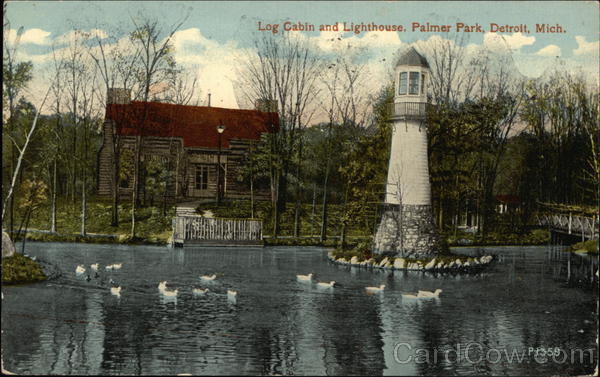 Log Cabin and Lighthouse, Palmer Park Detroit, MI Postcard