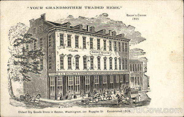 Bacon's Corner, 1855, Oldest Dry Goods Store, Est. 1814 Boston, MA Postcard