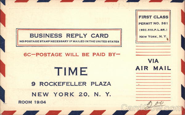 Postage-Paid Time Magazine Subscription Business Reply Card Advertising