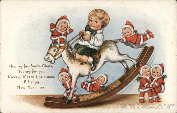 Child on Rocking Horse with Baby Santas Children