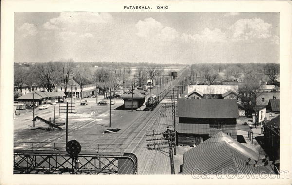 View of Town, Railroad Depot Pataskala, OH Postcard