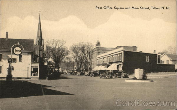 Post Office Square and Main Street Tilton, NH Postcard