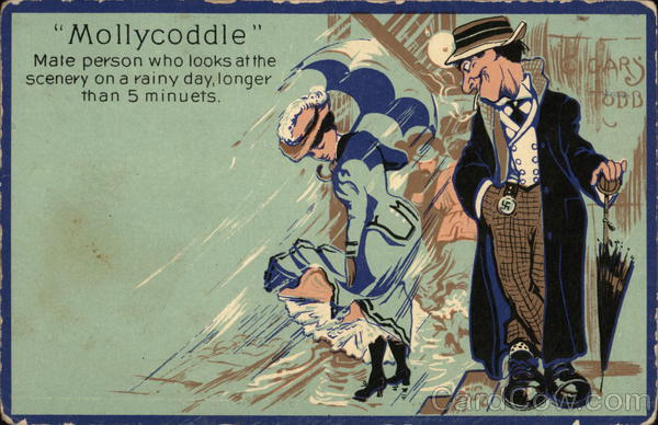 Man Ogling Woman Whose Skirt Has Blown Up In Rain Comic, Funny Postcard