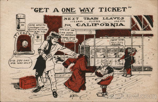 Get a One Way Ticket Trains, Railroad Postcard