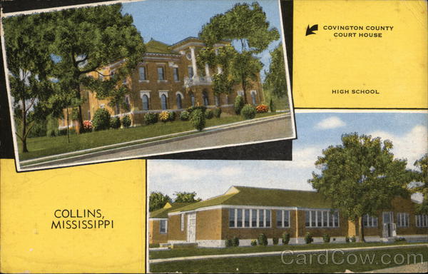 Covington County Courthouse, High School Collins, MS Postcard