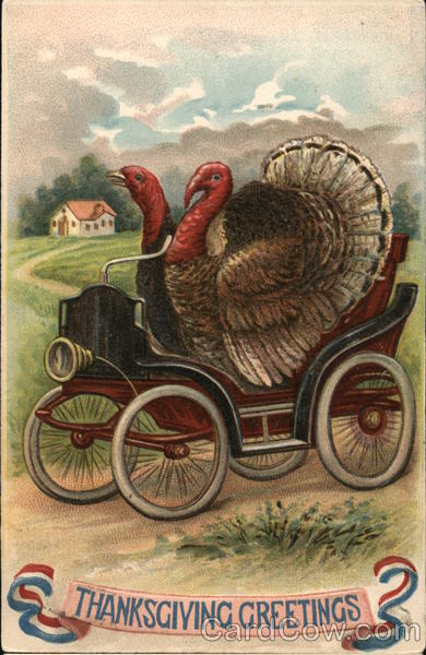 Thanksgiving Greetings - Turkeys Driving Car Postcard