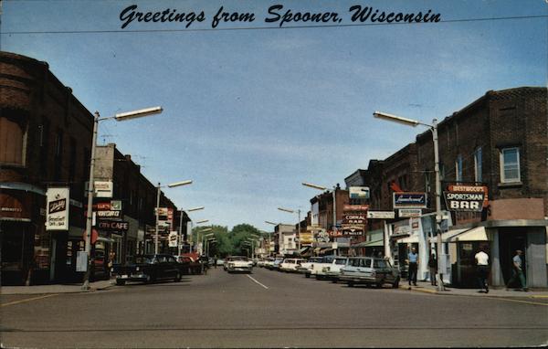 Street Scene Spooner, WI Postcard