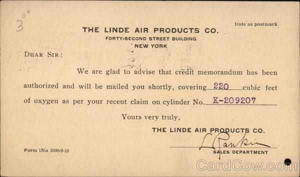 The Linde Air Products Co. New York City, NY Advertising Postcard