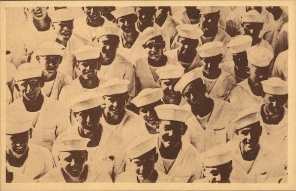 Large group of Sailors looking up at camera smiling Navy Postcard