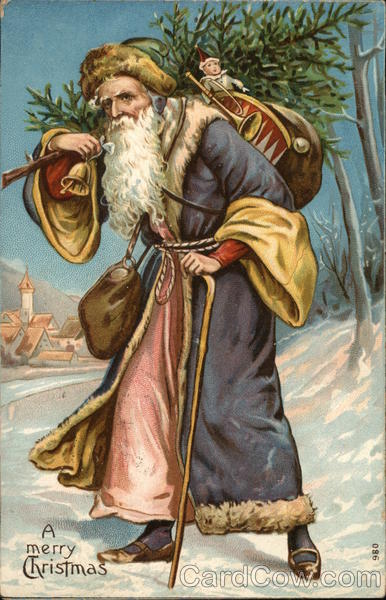 A Merry Christmas - Santa carrying a tree through the snow Santa Claus ...