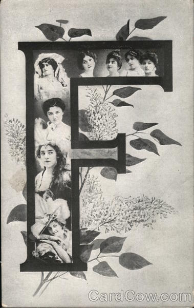 Faces in a large letter F with lilacs surrounding Alphabet Letters Postcard