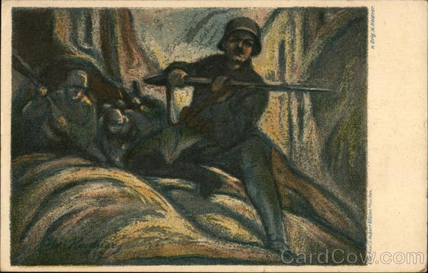Soldiers Advancing, Man in Front has Bayonet Drawn World War I Postcard