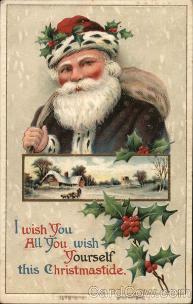 Santa With Sack Over Shoulder With Scenic Inset Santa Claus Postcard