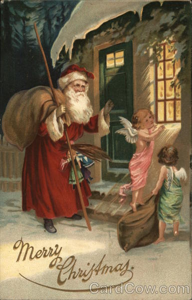 Merry Christmas - angel and Santa looking in a window Santa Claus Postcard