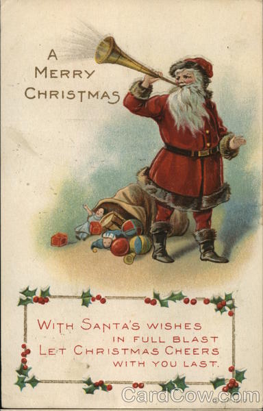 A Merry Christmas - Santa blowing a horn Santa Claus Postcard