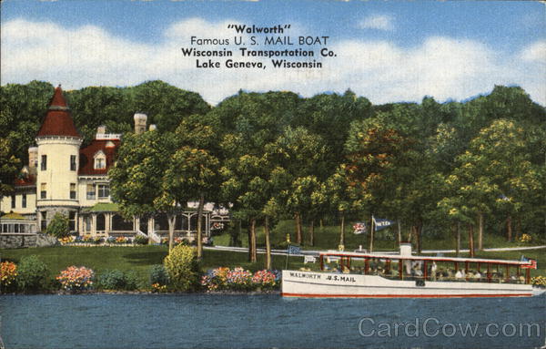 Walworth, Famous U.S. Mail Boat Lake Geneva, WI Postcard