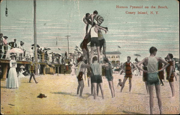 Human Pyramid on the Beach Coney Island, NY Postcard