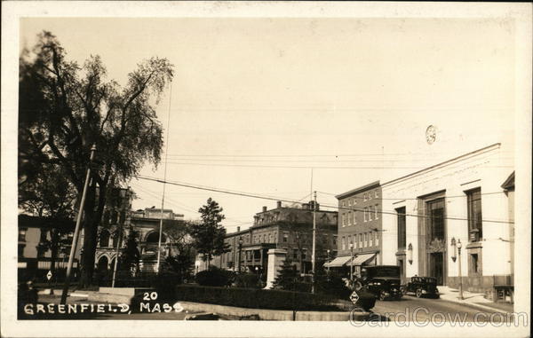 Buildings and a Park Area Greenfield, MA Postcard