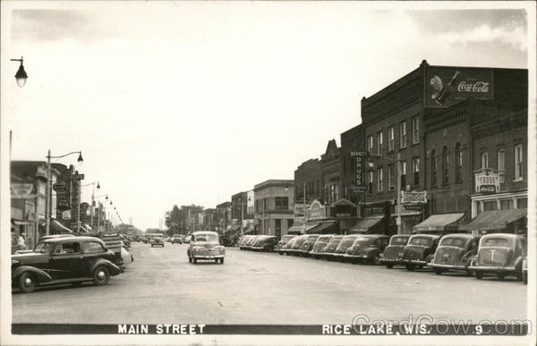Business View on Main Street Rice Lake, WI Postcard