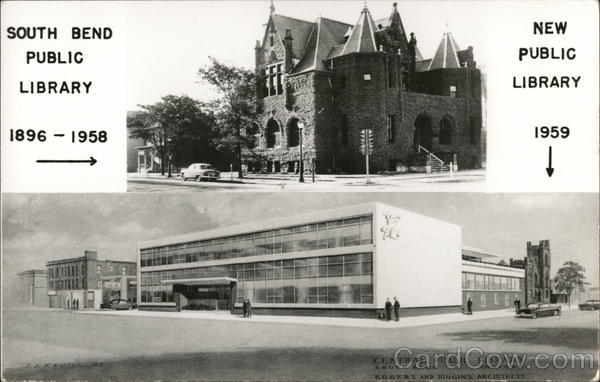 New and Old Public Library South Bend, IN Postcard