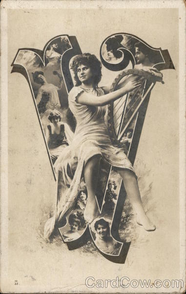 Woman in Large V Alphabet Letters