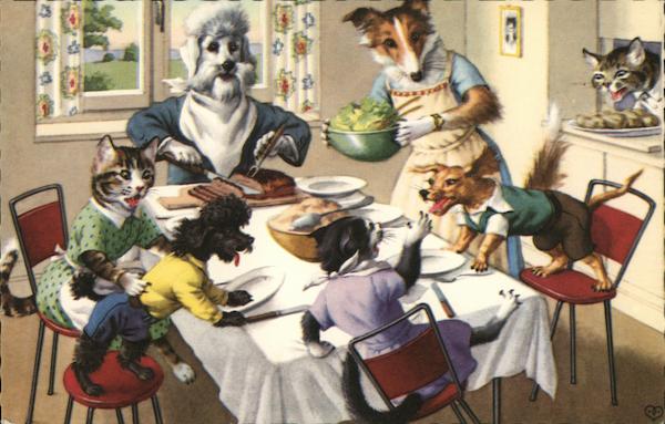 Cats and Dogs 'round the Dinner Table Postcard