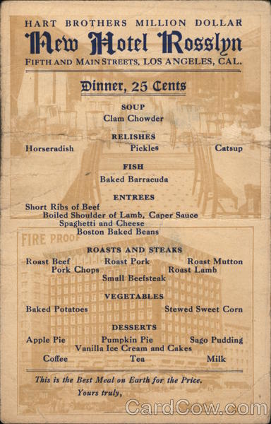 New Hotel Rosslyn - Menu Los Angeles, CA Postcard
