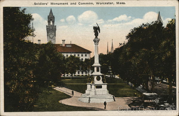 Soldiers' Monument and Common Worcester, MA Postcard