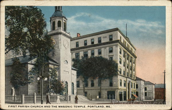 First Parish Church and the Masonic Temple Portland, ME Postcard