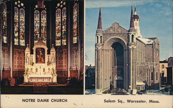 Notre Dame Church - One Inside and One Exterior View Worcester, MA Postcard