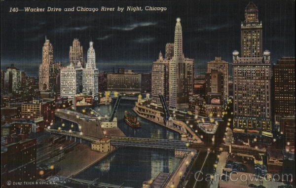 Wacker Drive and Chicago River by Night Illinois Postcard