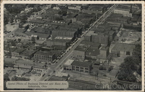 Aerial View of Business District and Main Avenue Ashtabula, OH Postcard